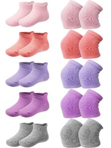 syhood 10 pairs baby crawling anti-slip knee pads and anti-slip baby socks set unisex toddler knee protectors non slip ankle socks (multicoloured)