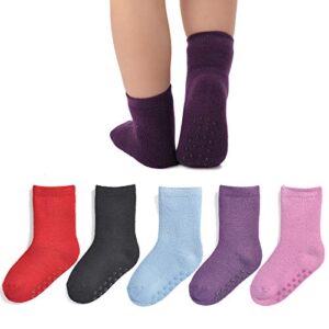 epeius baby thermal socks toddler girls soft thick warm crew socks with grip brushing inside non-skid/slip socks 5 pair pack,black/blue/red/purple/violet,2-4 years