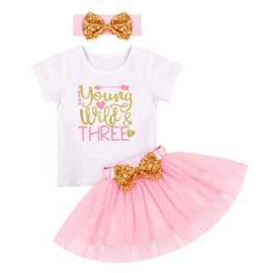 baby girls 1st/2nd/3rd birthday princess cake smash baptism tutu party dress short sleeve top romper shirt+ruffle tulle skirt+sequin bow headband 3pcs summer outfit pink-young wild three 3t