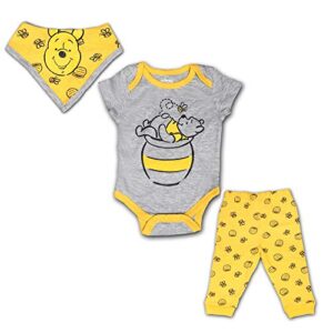 disney winnie the pooh baby boys short sleeve bodysuit, joggers and bib set for newborn – yellow/grey