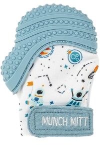 malarkey kids patented teething mitten, munch mitt baby chew toy - protects hands from chewing & saliva, heals aching gums, promotes sound & visual stimulation for babies - outer space