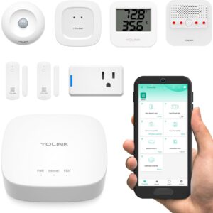 yolink smart home starter kit: smart plug mini, siren alarm, water leak sensor, motion sensor, temperature/humidity sensor, 2 door/window sensors & hub