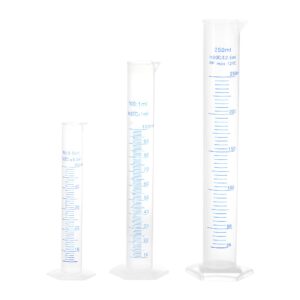 uxcell plastic graduated cylinder, 50ml 100ml 250ml measuring cylinder, double-sided metric marking, clear hex base, 3 in 1 set