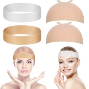 willbond 4 pieces nylon wig caps and silicone stretchy wig grip band set seamless non-slip headband adjustable for women(white and light brown, skin color)