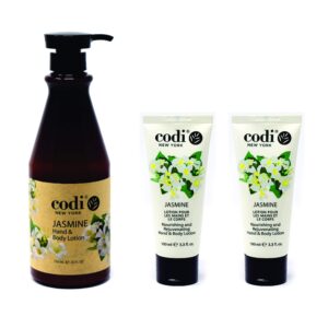 codi jasmine lotion - body and hand lotion with pump for women and men - jasmine body lotion with wonderful jasmine scent - less greasy, quick absorbent - 1 750ml bottle and 2 100ml tubes