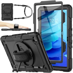 seymac stock case for samsung galaxy tab a7 10.4 2022/2020 (t503/t509/t500/t505/t507) with screen protector, 360 rotating stand & hand strap, drop-proof case, black