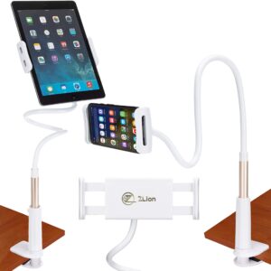 zlion 360 degree tablet holder, 31-inch-long gooseneck phone holder with clamp, tablet and cell phone holder for treadmills or furniture, tablet holder for online class, reading, watching and more