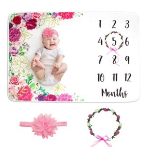 baby monthly milestone blanket girl - extra soft, large (60"x40") thick fleece - baby growth chart blanket - baby age blanket for photos - baby month blanket girls -includes headband and floral wreath