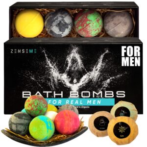 bath bombs for men, gift set of 8 scented organic handmade bath bombs of 2.5 oz with natural essential oils. perfect for boyfriend, husband, father or friend, by zenseme