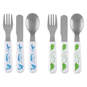 brinware toddler utensils kids silverware set - fork spoon and knife cutlery set (6 pack) stainless steel flatware - self feed baby utensils - dino/shark