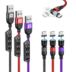 cinchforce 540 degree magnetic 3-in-1 data/charging cable with magnetic adapters and storage compartment, compatible with type-c, iproduct, micro-usb, updated for 2020-3 pack (6.6ft/3.3ft/1.6ft)