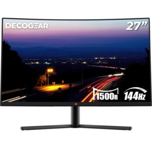 deco gear 27-inch 2560x1440 hdr 400 color accurate curved gaming monitor, va panel, 16:9 aspect ratio, 3000:1 contrast ratio, 99% srgb, 85% ntsc, 90% dci-p3, 83% adobe rgb, 144hz refresh rate