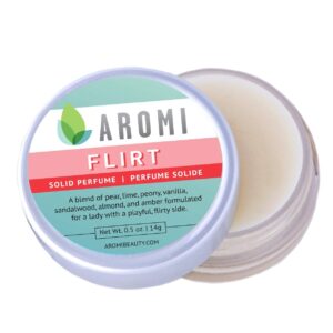 aromi flirt solid perfume | floral, woodsy fragrance, vegan, cruelty-free, almond, peony, vanilla scent, wax-based, women's gift, travel, handmade (flirt)