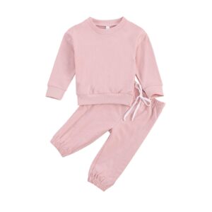 honganda 2pcs toddler baby girl plain solid sweatshirt pullover tops drawstring sweatpants joggers casual fall winter outfit set (pink, 2-3t)