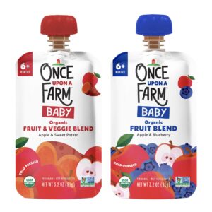 once upon a farm | organic baby blends | apple sweet potato, apple blueberry | cold-pressed | unsweetened | dairy-free plant based | variety pack of 24