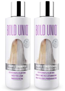 bold uniq purple shampoo & conditioner duo - eliminates brassy yellow tones. lightens blonde, platinum, ash, silver and grays. paraben & sulfate free, vegan and cruelty free.