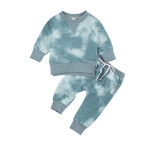 muasaaluxi newborn baby boys outfits long sleeve top pullover sweatshirt long pants pajamas 2pcs tie dye clothes set (blue gray, 0-6m)