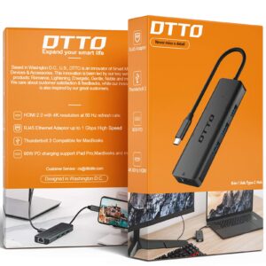 dtto usb-c hub 6-in-1 with 4k@60hz hdmi, 1gbps rj45 ethernet adapter, 90w pd power delivery, 3x usb 3.0 ports, thunderbolt 3 multiport dongle for macbook, ipad pro, xps, and more, space grey