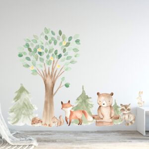 innovativestencils woodland watercolor wall decal oak pine tree animal creatures - bear, fox, raccoon, rabbit, squirrel, porcupine fabric nursery decals #3061 (84" tall tree (including leaves))