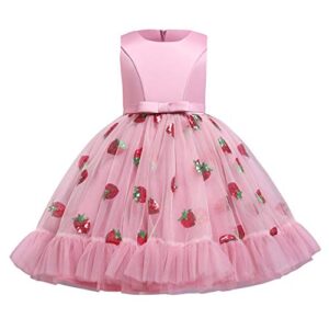 baby girls sleeveless floral lace shiny strawberry embroidery princess bridesmaid dress for baby flower ruffles tulle communion baptism holiday dance evening short gown bean pink 5-6x