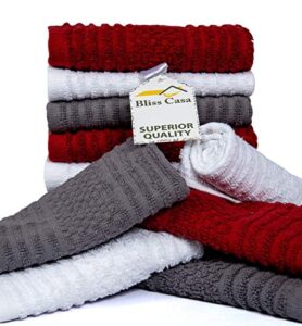 bliss casa washcloths set (12 x 12 inch, 12 pack) – 100% cotton washcloths for face, highly absorbent soft face towels, and quick drying fingertip towels for daily use (emerson, red combo)