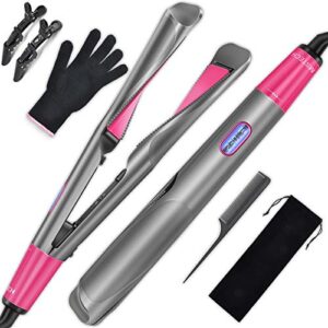 mstech hair straightener and curler 2 in 1 - twisted ceramic flat iron for hair with salon high heat 450℉- hot tool curling iron with digital display -unique gifts for women/mom