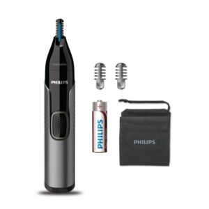 philips nose trimmer nt3650/16, nose, ear & eyebrow trimmer with protective guard system, fully washable, including aa battery, 2 eyebrow combs, pouch (gray)