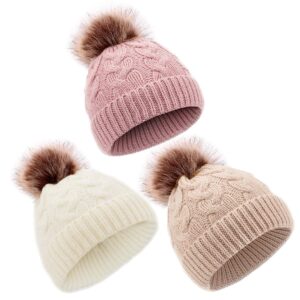 danmy baby beanie hat, infant newborn toddler winter warm knit cap for little boys girls, winter warm hat (6-36 months, white/beige/pink-3pcs)