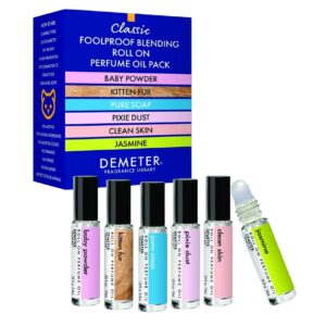 demeter fragrance library - classic six piece roll on perfume oil set – baby powder, kitten fur, pure soap, pixie dust, clean skin, jasmine