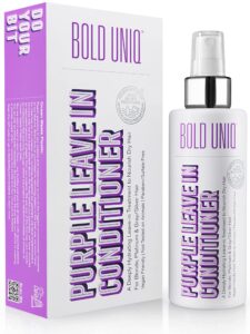 bold uniq purple leave in conditioner for dry & damaged blonde, platinum & gray/silver hair. light toning, hydrating & detangling. peta-approved, vegan & cruelty-free. sulfate & paraben free.