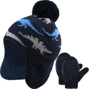 boys winter hat mitten gloves set toddler warm beanie earflap baby knit fleece lined hat (navy blue,4-5 years old)