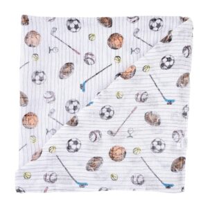 mud pie cotton muslin baby swaddle, sports print, 47"x47" featuring football, baseball, basketball, golf, hockey, and tennis