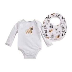 mud pie dog print baby crawler and bib 2-piece, french bulldog, 0-6 month