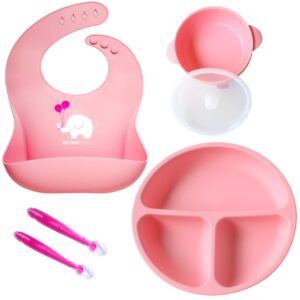 ymcf products baby or toddler feeding set | silicone bib, divided plates, suction bowls & spoons, dishwasher-safe, easy-wipe cleaning (pink)