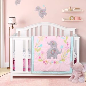 sweet baba luxury 4 piece elephant crib bedding set,pink crib set for baby girls(brids/flowers),microfiber printed nursery bedding set with comforter/skirt/crib sheet/blanket