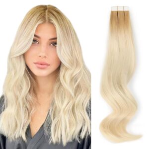 abh amazingbeauty hair rooted tape in hair extensions, remy human hair, 20 pieces 50 grams, platinum blonde with dirty blonde roots, 20 inch