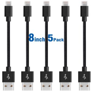 short usb to lightning cable, 5pack 8 inch phone charger cable fast charging braided cord high speed connector compatible with iphone 14 13 12pro max/12pro/12/11 pro/11/xs max/xr/8/7/6s/6(black)