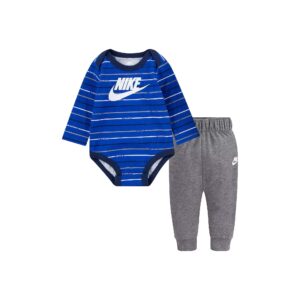 nike boy`s striped bodysuit & pants 2 piece set (blue(5mh032-geh)/grey, 3 months)