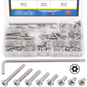 glarks 111pcs m5 x 8mm 10mm 12mm 16mm 20mm 25mm 30mm 40mm pan head torx security screws 304 stainless steel tamper resistant screws assortment set with t25 wrench