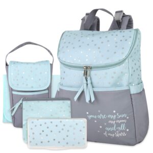 baby essentials diaper bag backpack 5 piece set with sun, moon, and stars, wipes pocket, stroller straps, dirty diaper pouch, changing pad (grey/blue backpack)