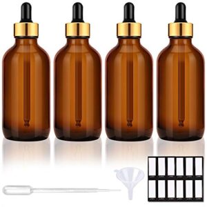 prettycare eye dropper bottles 4 oz 4 pack (glass bottles 120ml with golden caps, 12 labels, funnel & measured pipettes) empty tincture bottles for essential oils (amber)