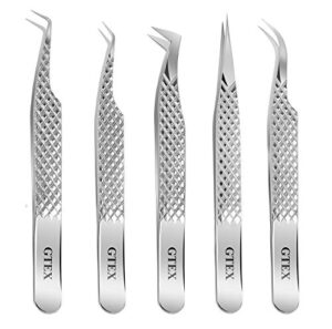 gtex lash tweezers for eyelash extensions tweezers set of 5, japanese stainless steel, straight curved 45 90 degree volume eyelash tweezers - silver