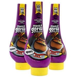 moco de gorila sport squizz, hair styling gel, long-lasting hold, reactivatable with water, 3-pack of 11.92 oz each, 3 squeezable bottles.