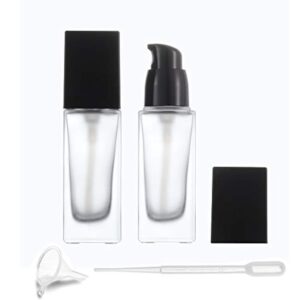 2 pack 30ml/1 oz frosted glass foundation bottle,empty refillable square lotion bottle with press pump for lotion liquid body cream cosmetic travel foundation samples vials-pipette&funnel included