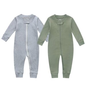 owlivia organic cotton baby boy girl zip up sleep n play, footless, long sleeve(12-18 months, dark grey melange & olive green)