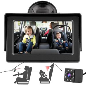 baby car camera 4.3'' hd baby car mirror seat camera car monitored mirror night vision with wide view angle, aimed at baby, plug and play car camera for baby car seat rear facing