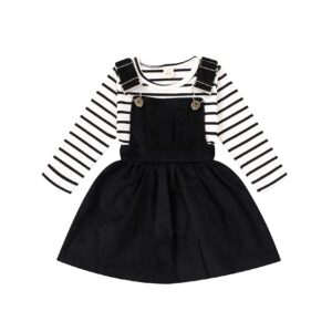 younger tree toddler baby girl fall outfit long sleeve stripe t-shirt and strap dress overall with one pocket clothes sets (black, 18-24 months)