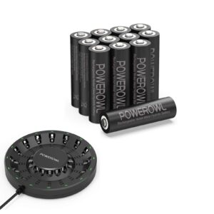 powerowl 16 bay aa aaa battery charger (updated, high speed charging) with smart led light and plug, rechargeable aa batteries 2800mah -12 count, for solar garden lights, battery string lights, outdoo