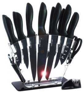 knifast knife set stainless steel 18 pieces with block dishwasher safe, kitchen knives set chef knife set with knife sharpener, 6 steak knives with peeler scissors cheese pizza knife and acrylic stand