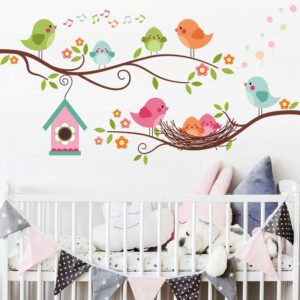 rofarso colorful cute cartoon lovely birds singing on the branch with flowers wall stickers for kids removable wall decals diy decorations for nursery baby boys girls bedroom playroom living room…